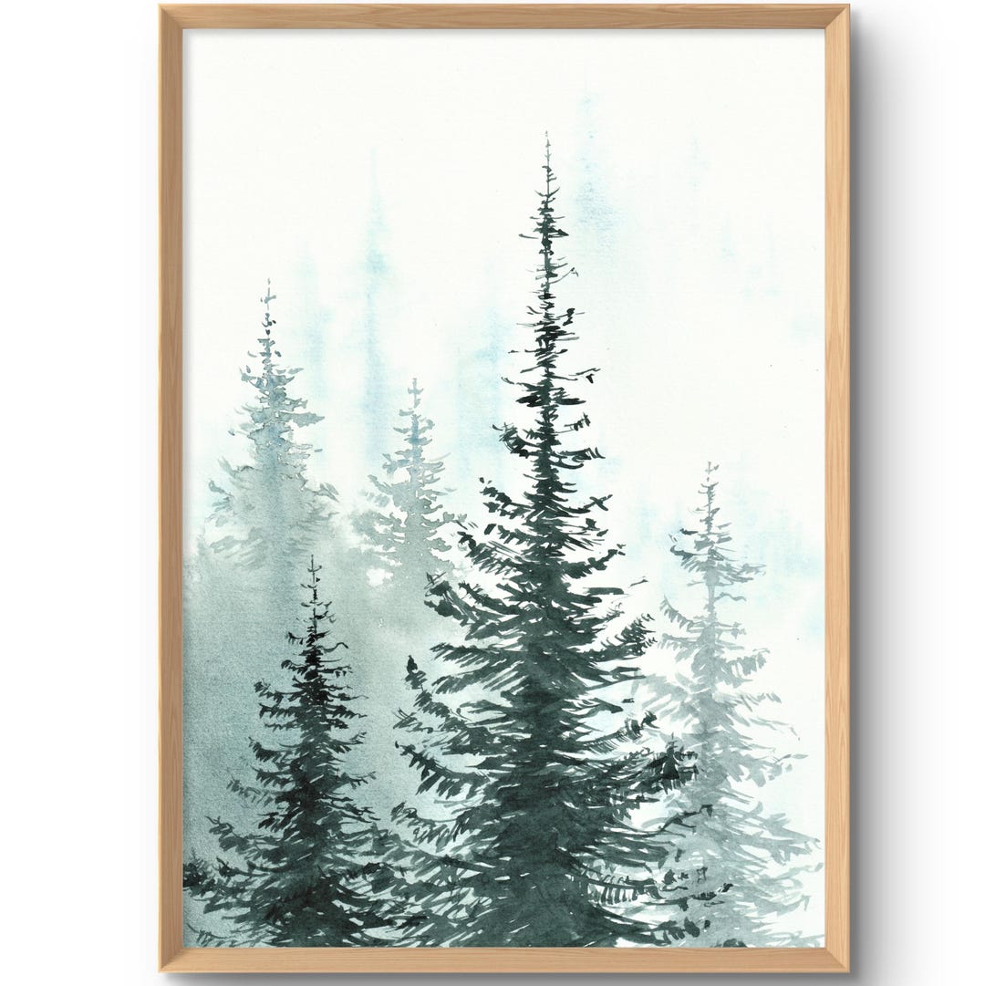 Foggy Trees Watercolor Print Misty Forest Minimalistic Wall Art Pine ...