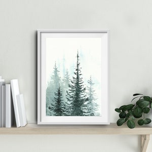 Foggy Trees Watercolor Print Misty Forest Minimalistic Wall Art Pine ...