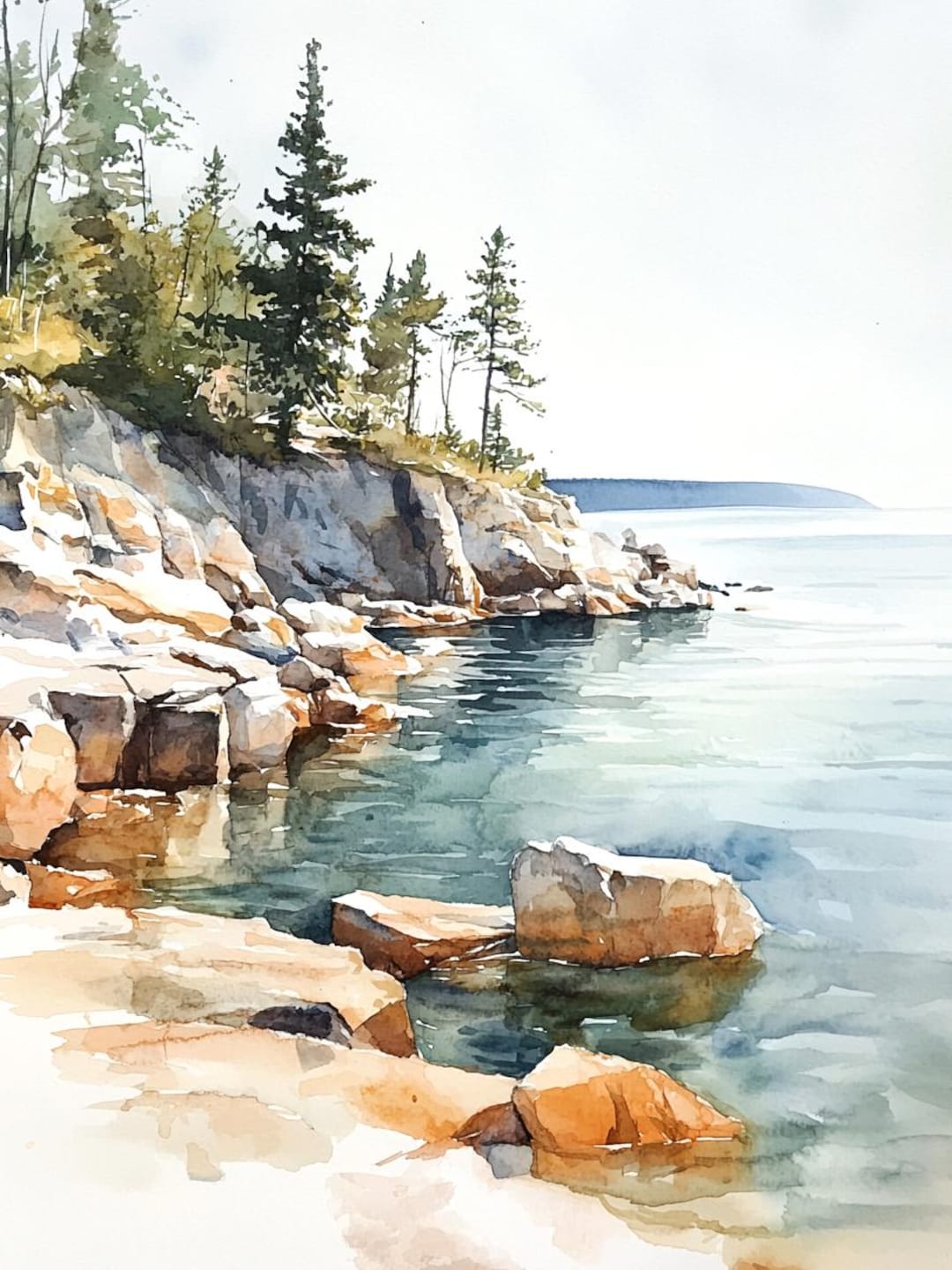 Lake Superior Art Print Rock Shoreline Wall Art Watercolor Style Pine ...