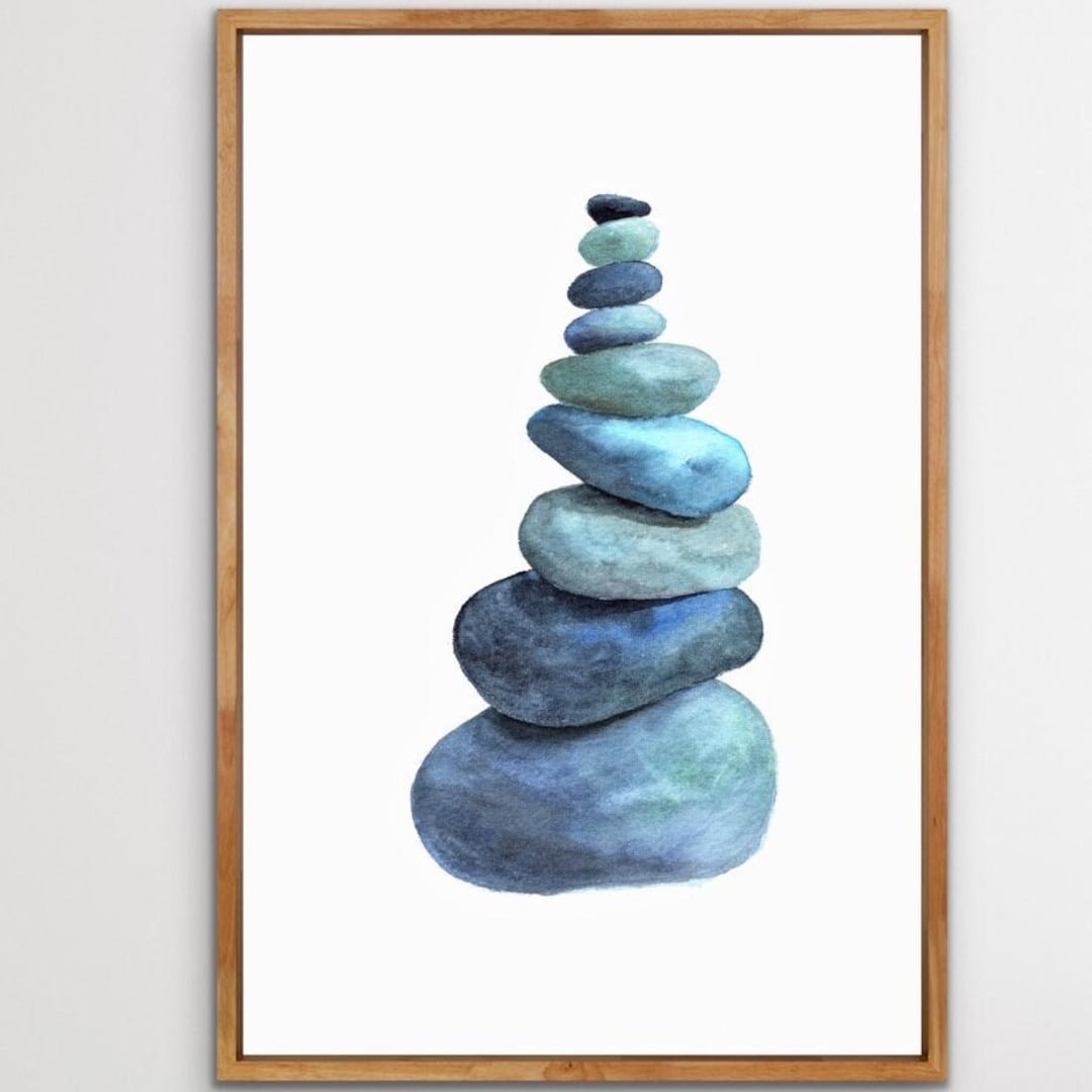 Balancing Stones Art Print Rocks Watercolor Stacked Stones Blue Poster ...