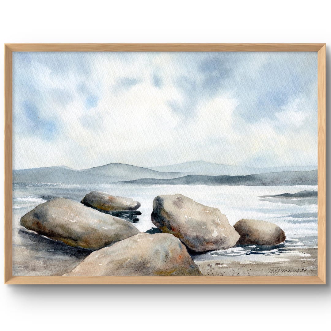 Coastal Watercolor Painting Seashore Art Print Rocky Coast Wall Art ...
