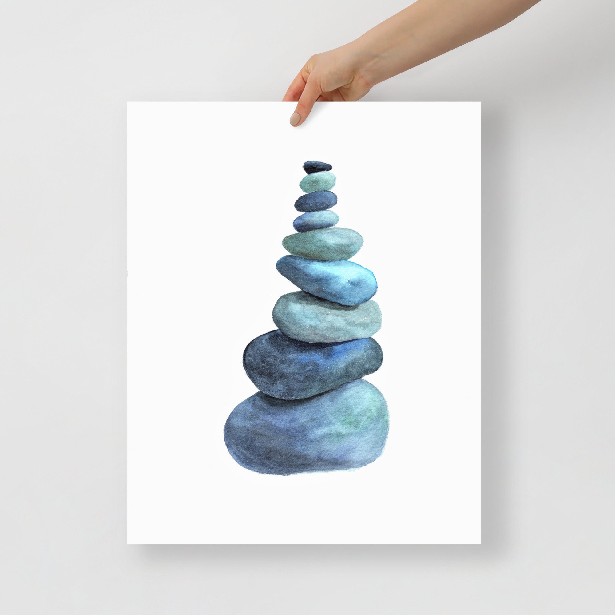 Balancing Stones Art Print Rocks Watercolor Stacked Stones Blue ...