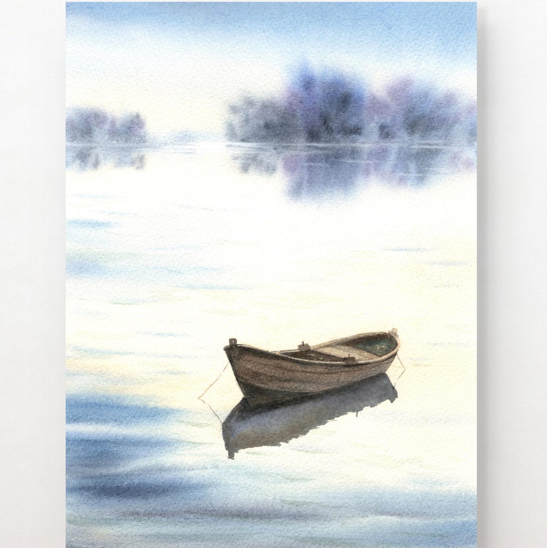 Row Boat Art Print Lake Painting Minimalist Wall Art Calm Landscape ...
