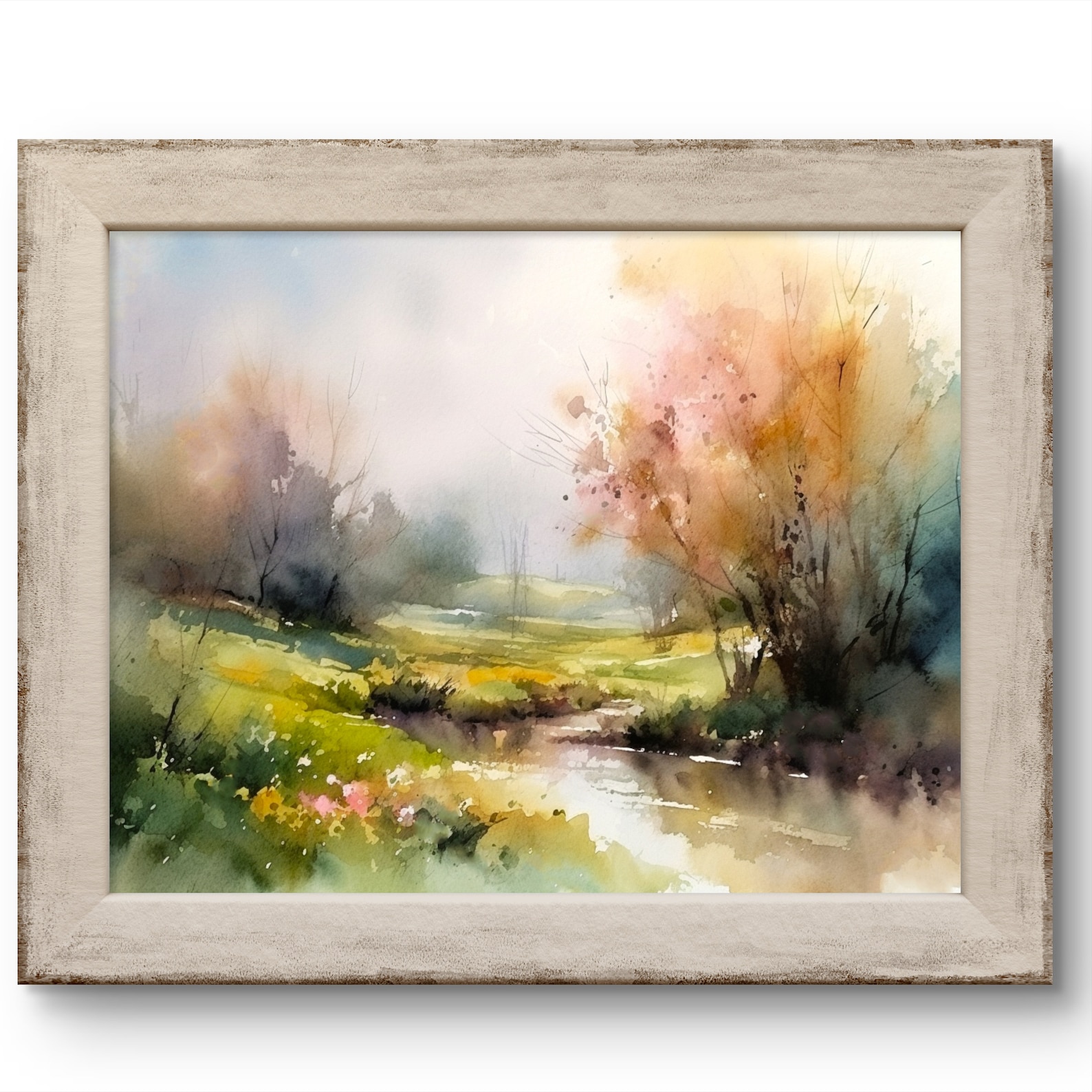 Spring Landscape Art Print Wildflowers Meadow Watercolor Abstract ...