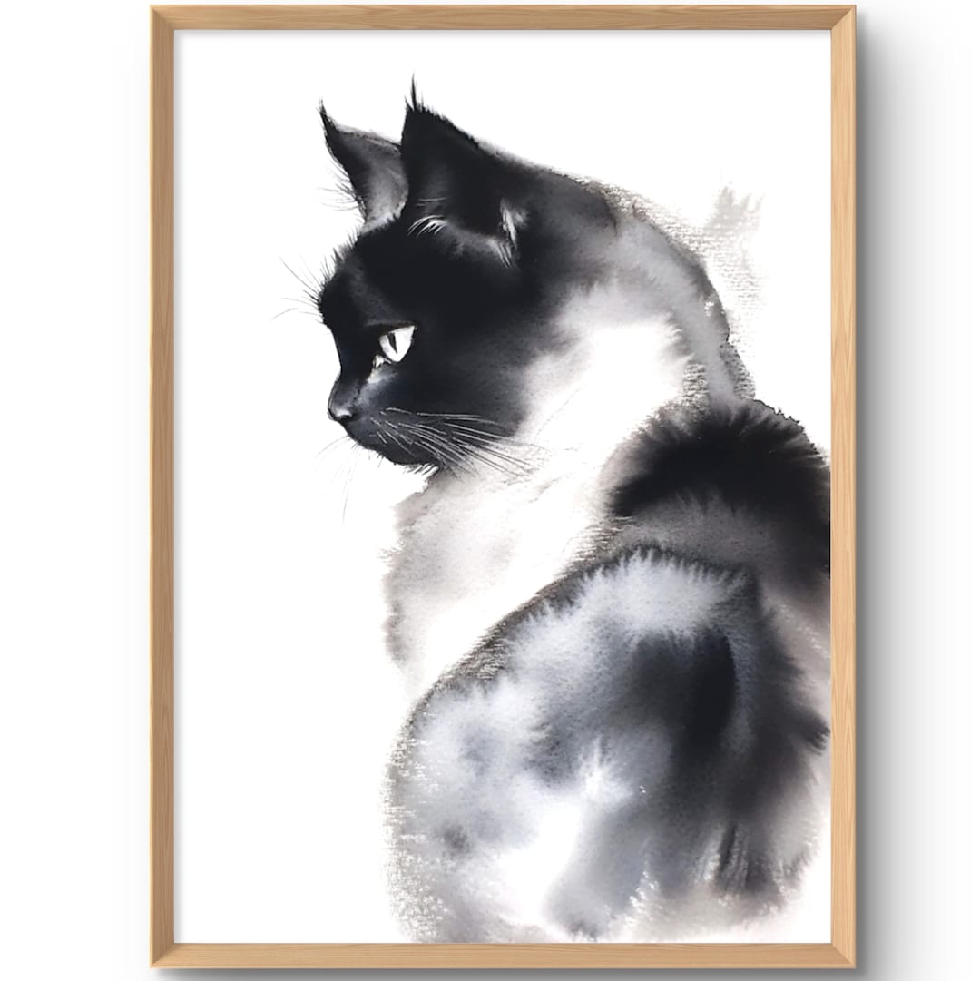 Black Cat Art Print Animal Wall Art Cat Watercolor Style Wal Decor Pets ...