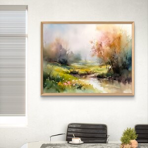 Spring Landscape Art Print Wildflowers Meadow Watercolor Style Abstract ...