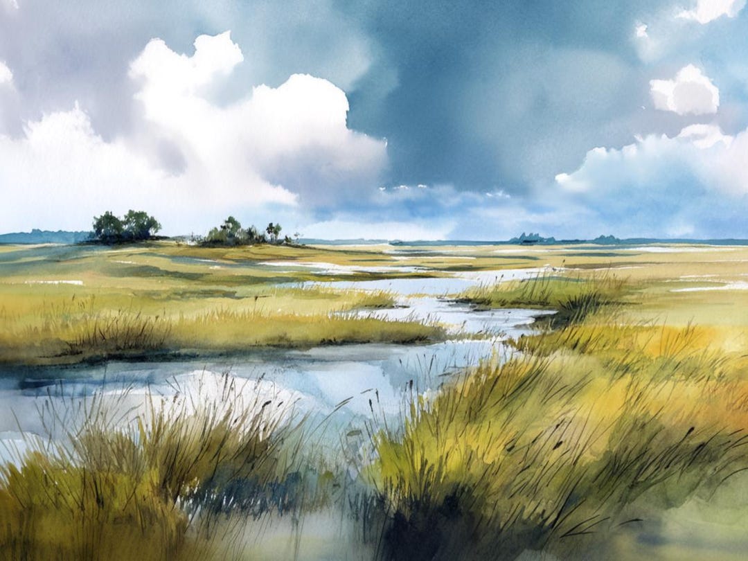 Marshland Art Print North Carolina Coastal Wall Art Wetland Watercolor ...