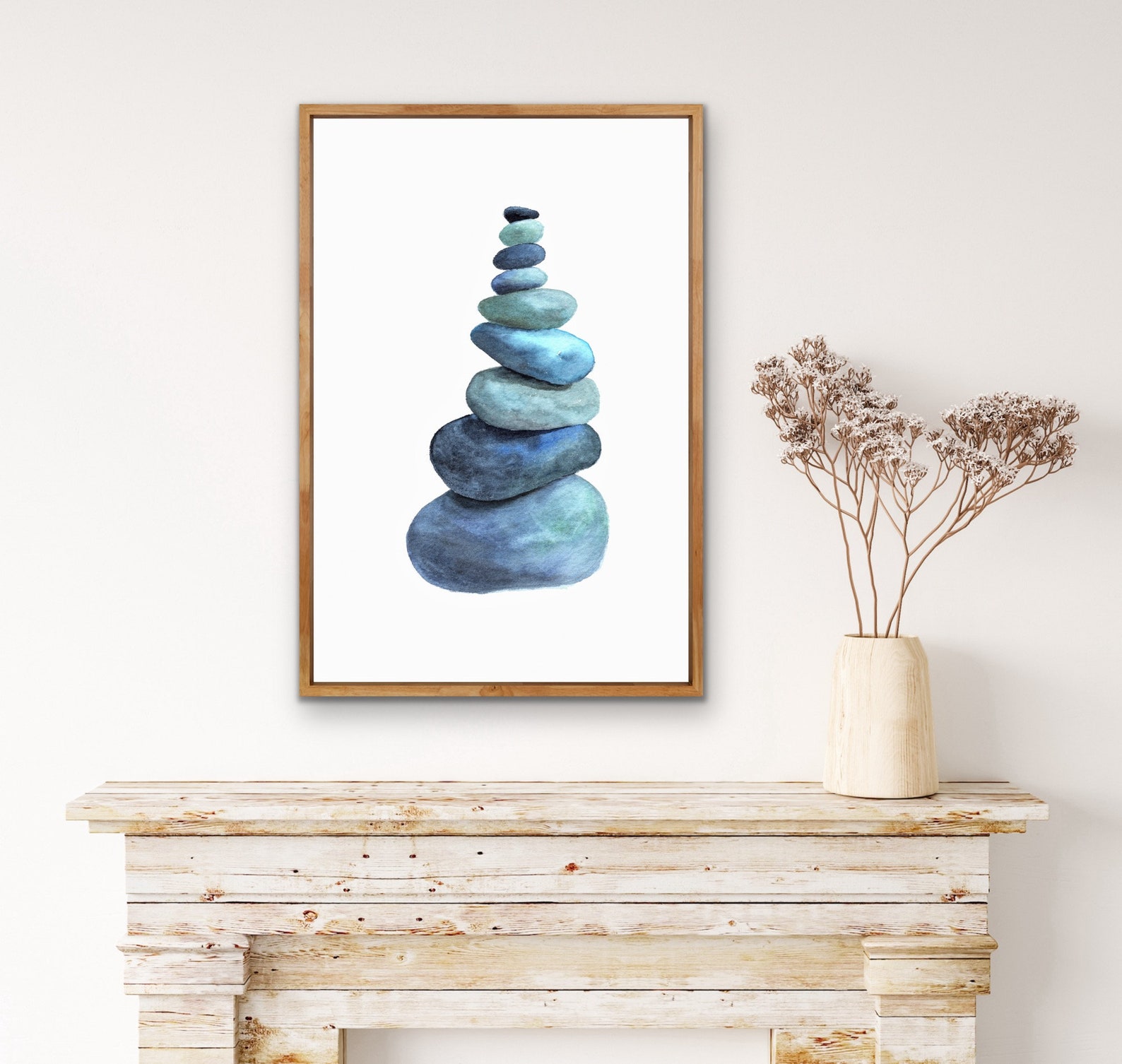 Balancing Stones Art Print Rocks Watercolor Stacked Stones Blue ...