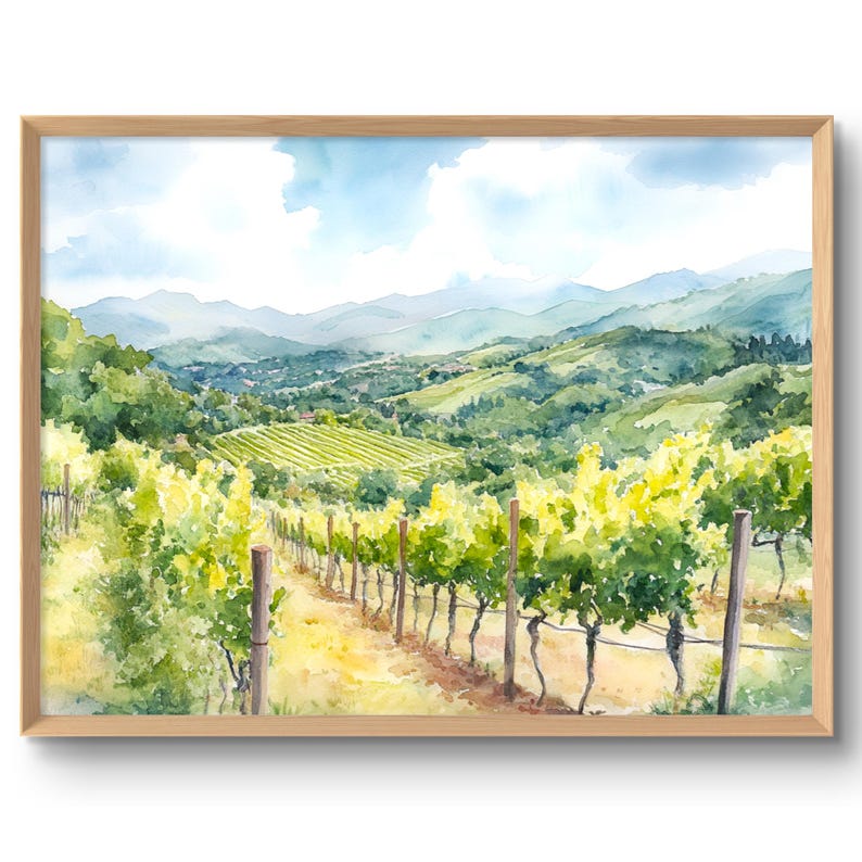 Napa Valley Vineyard Art Print California Wine Country Watercolor Style ...