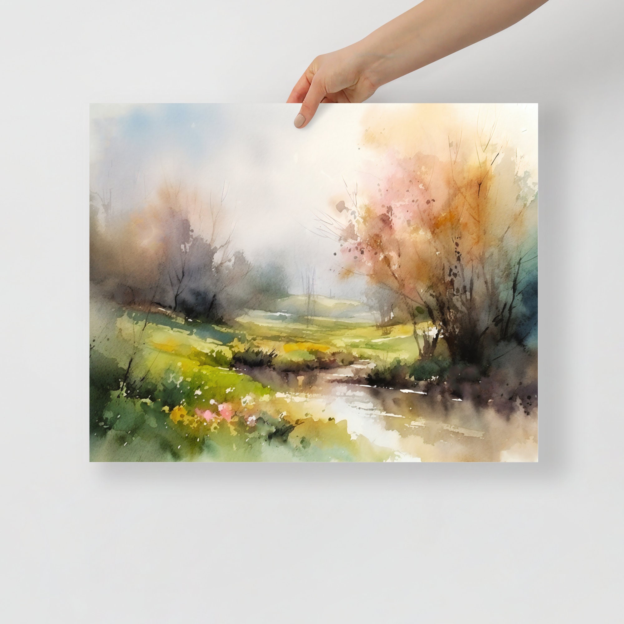 Spring Landscape Art Print Wildflowers Meadow Watercolor Abstract Blooming Trees Wall Art ...