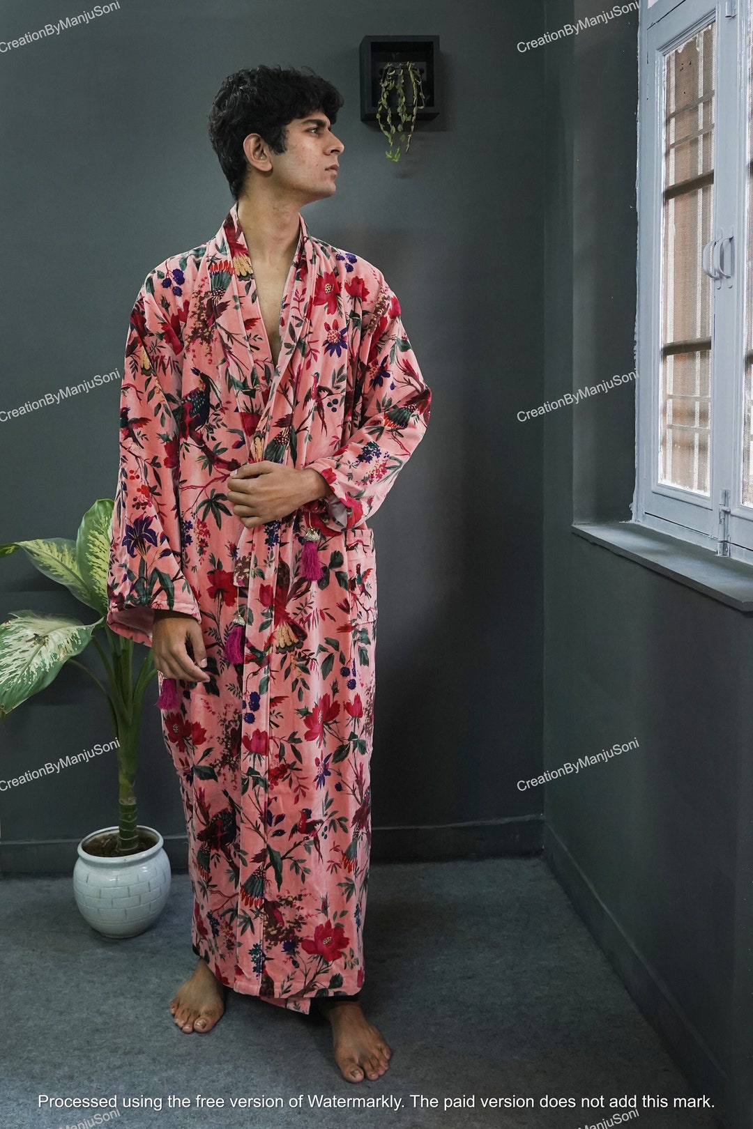 OFMD Peach Bird Velvet Banyan Fabric Kimono Cotton Velvet Robe Long ...