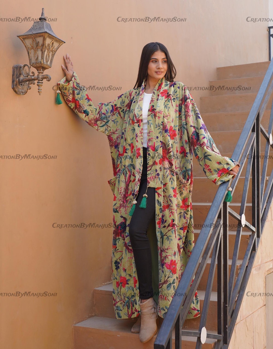 OFMD Green Bird Velvet Banyan Fabric Kimono Cotton Velvet Robe Long ...