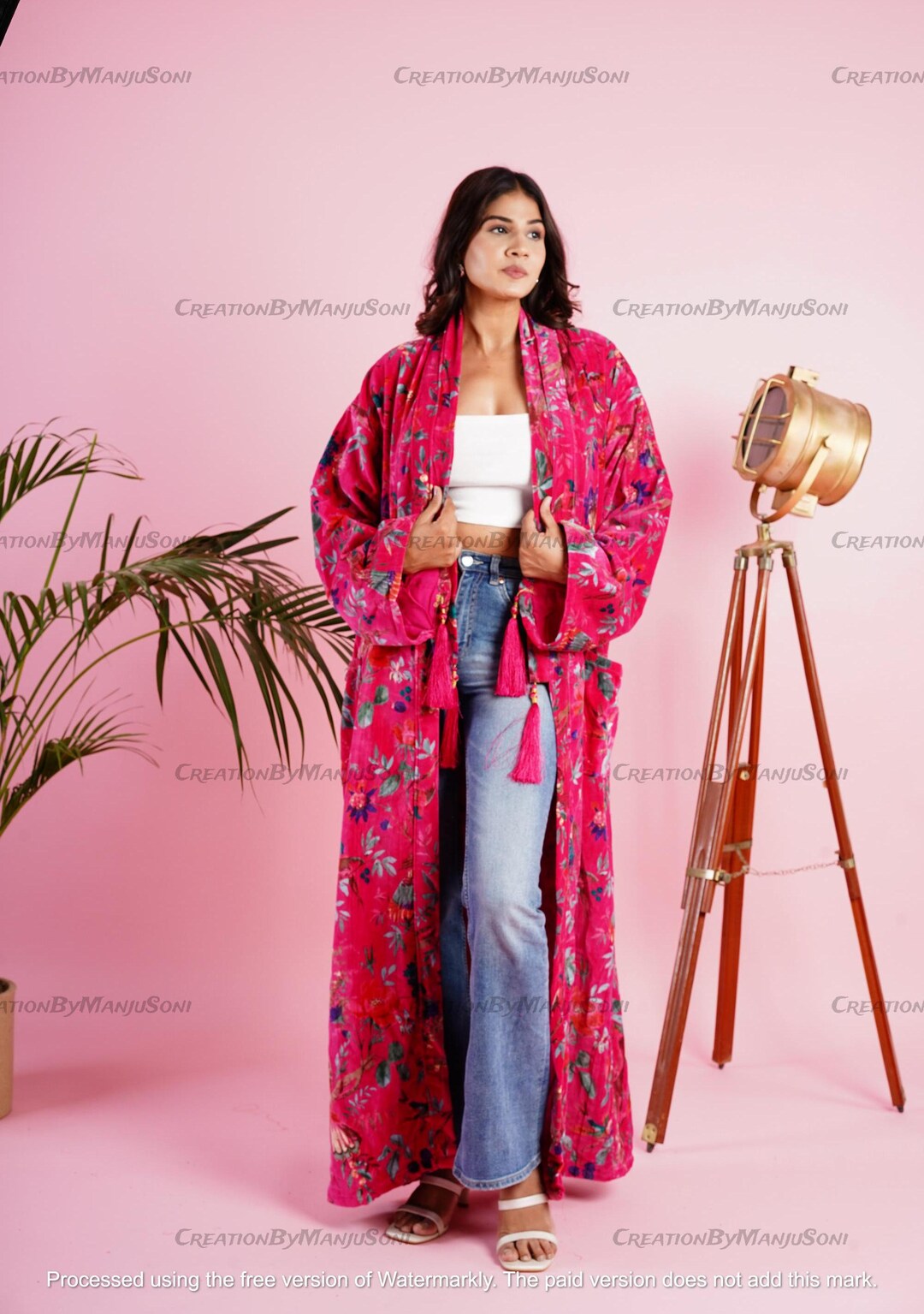 OFMD Pink Bird Velvet Banyan Fabric Kimono Cotton Velvet Robe Long ...