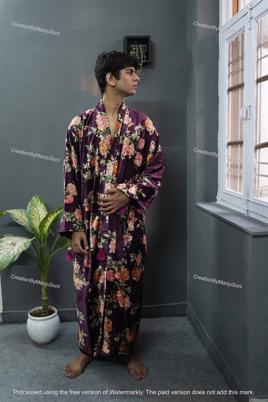 OFMD Purple Flower Velvet Banyan Fabric Kimono Cotton Velvet Robe Long ...