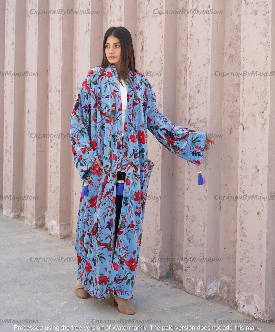 OFMD Bird Print Velvet Banyan Fabric Kimono Cotton Velvet Robe Long ...