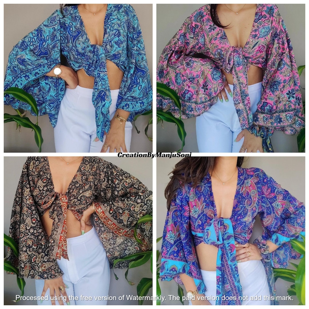 Recycled Silk Wrap Blouse Boho Bell Sleeve Top Hippie Wrap Top Crop Blouse Flare Top Bell Sleeve ...