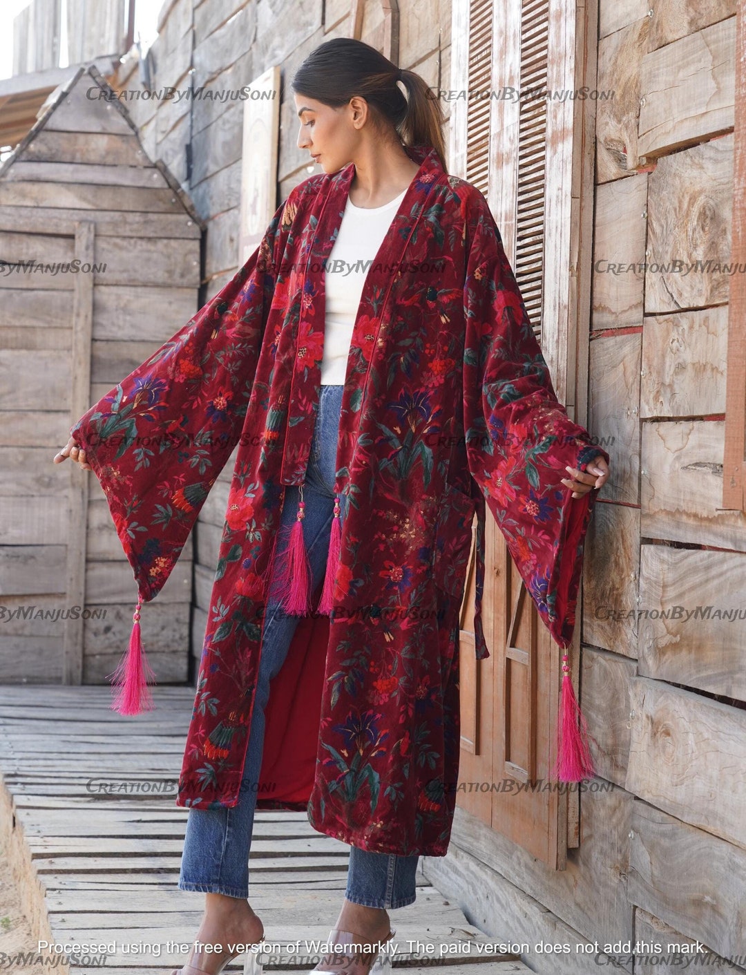 OFMD Maroon Bird Velvet Banyan Fabric Kimono Cotton Velvet Robe Long ...