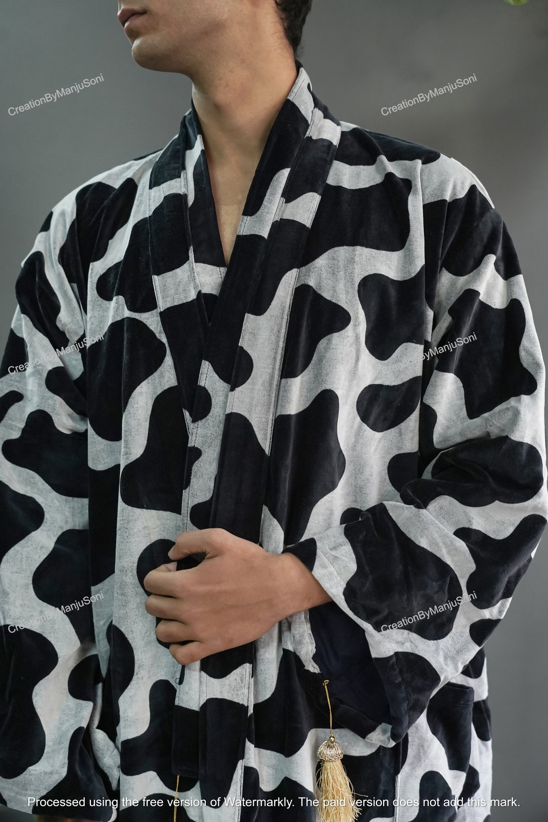 OFMD Black Silver Velvet Banyan Fabric Kimono Cotton Velvet Robe Long ...
