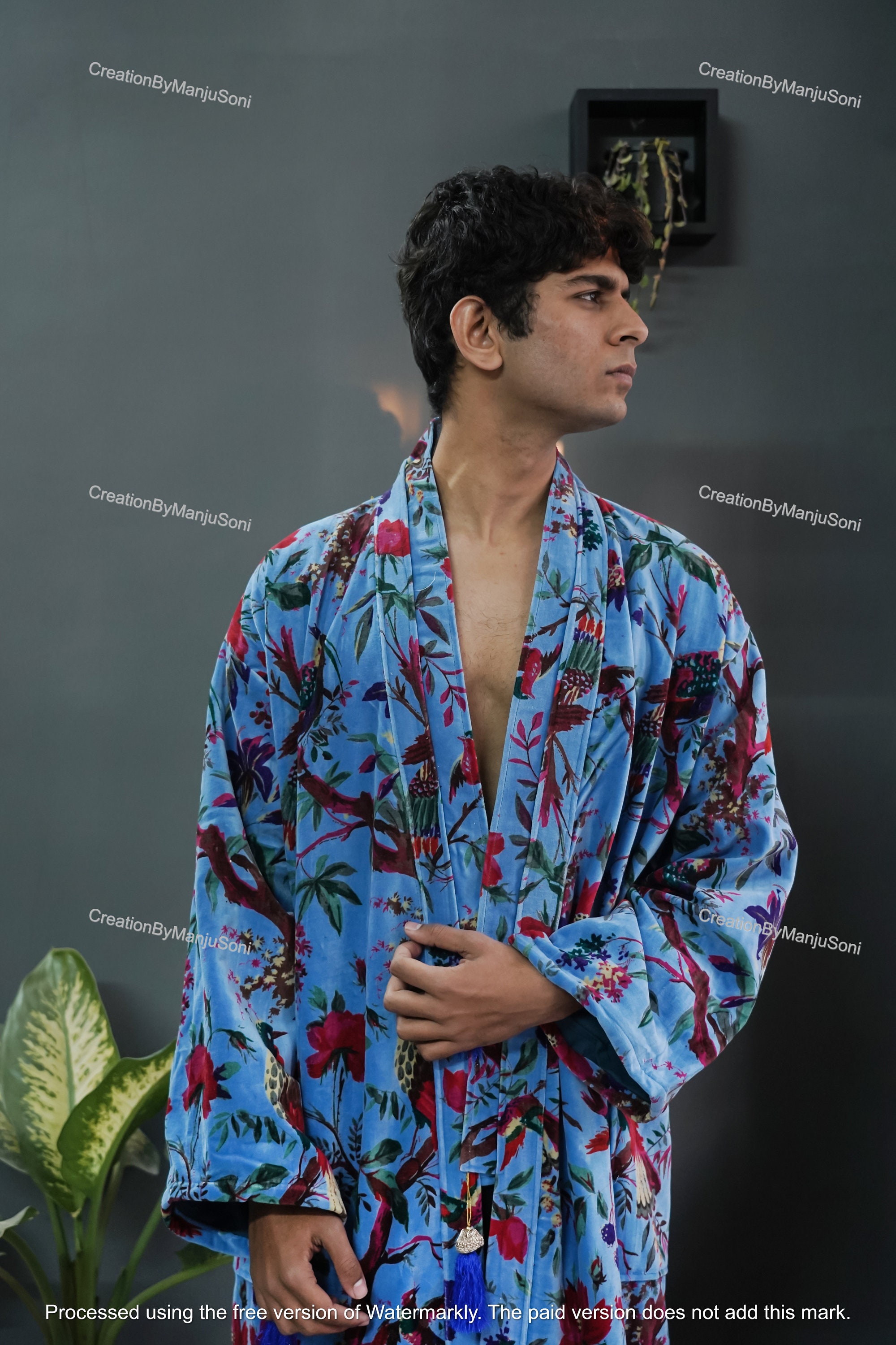 OFMD Blue Bird Velvet Banyan Fabric Kimono Cotton Velvet Robe Long ...