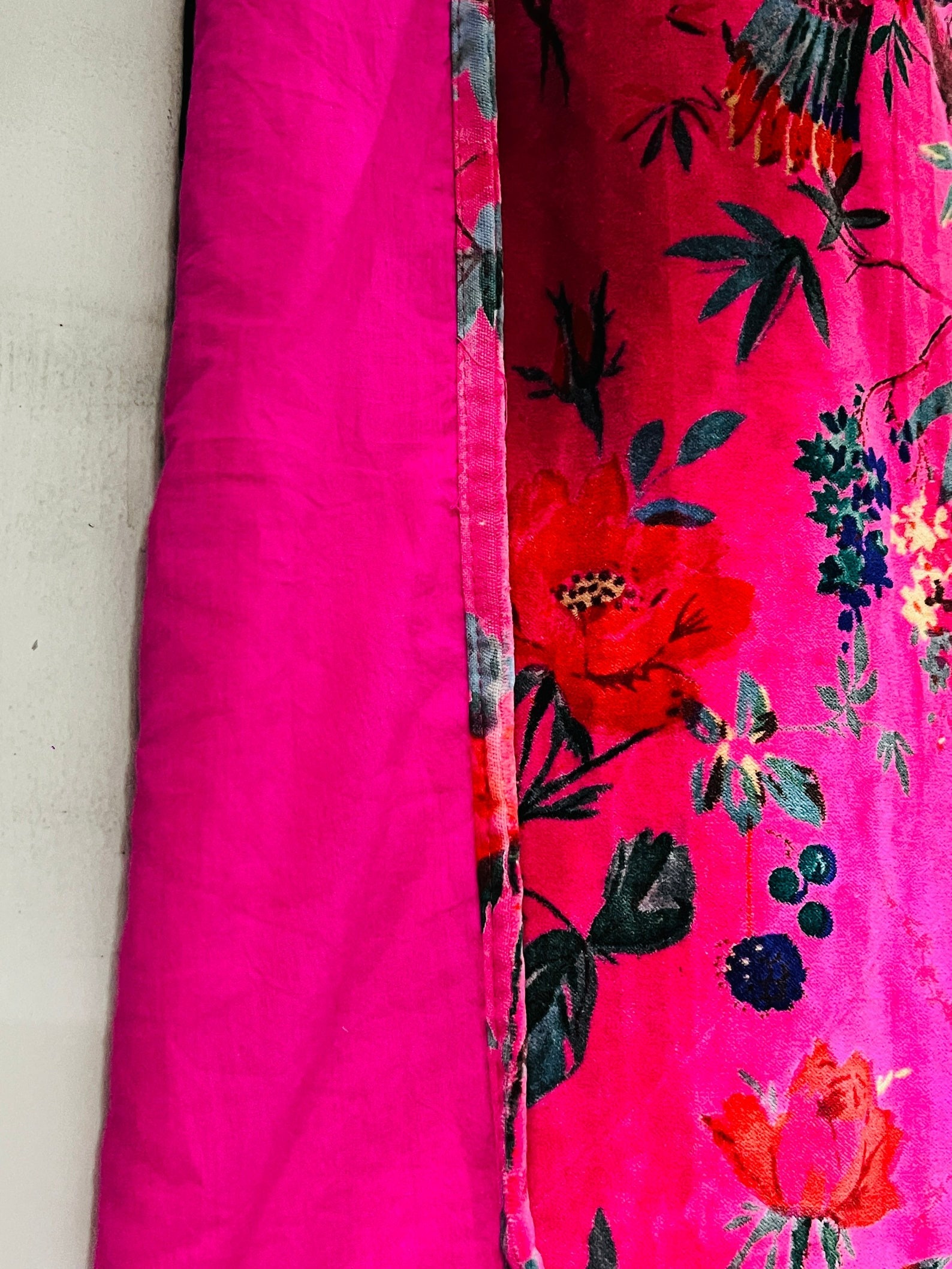 Vintage Cotton Velvet Hot Pink Color Bird Print Luxury Curtain, Boho ...