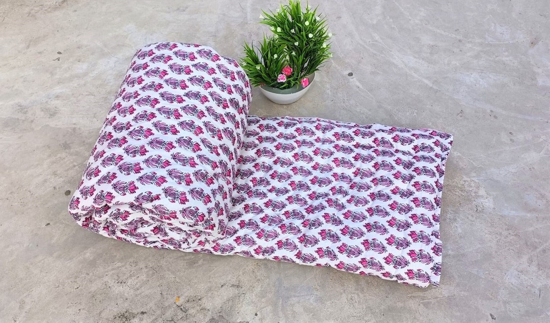 Cotton Small Flower Razai Quilt, Hand Block Quilt, California Bedspread ...