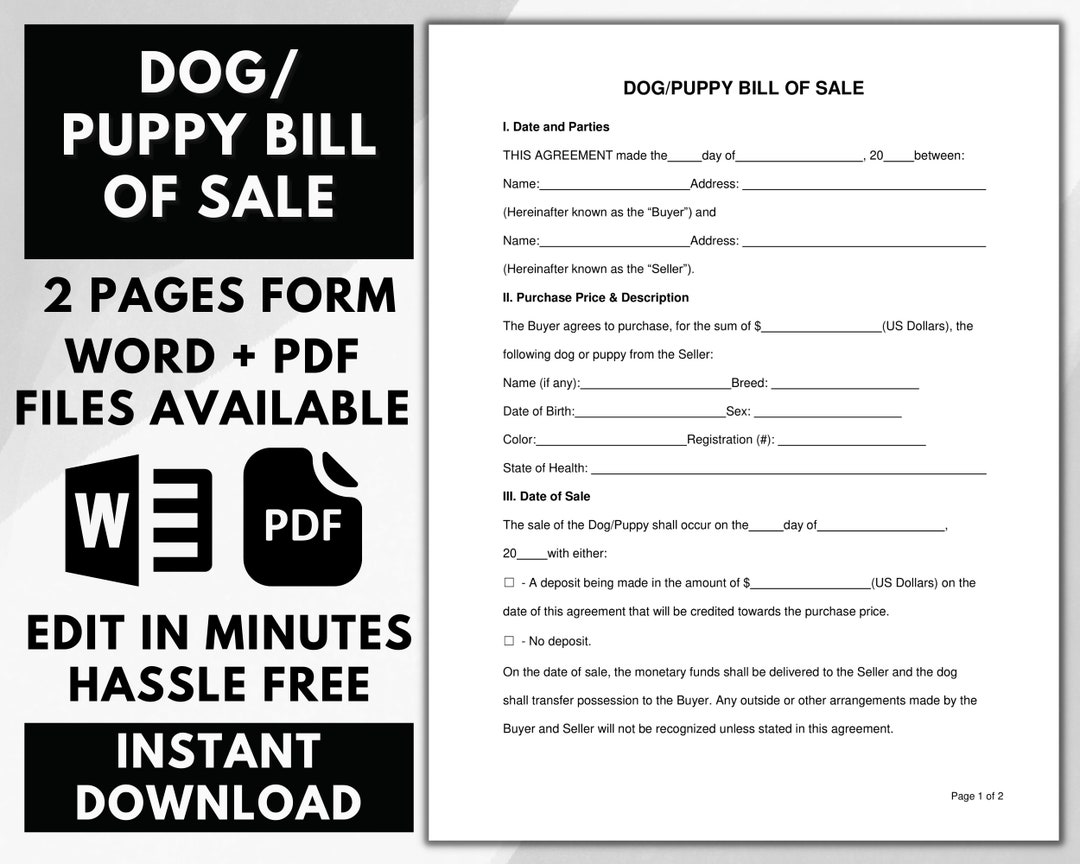 Dog/puppy Bill of Sale, Puppy for Sale Form, Pup Selling Agreement, Pet ...
