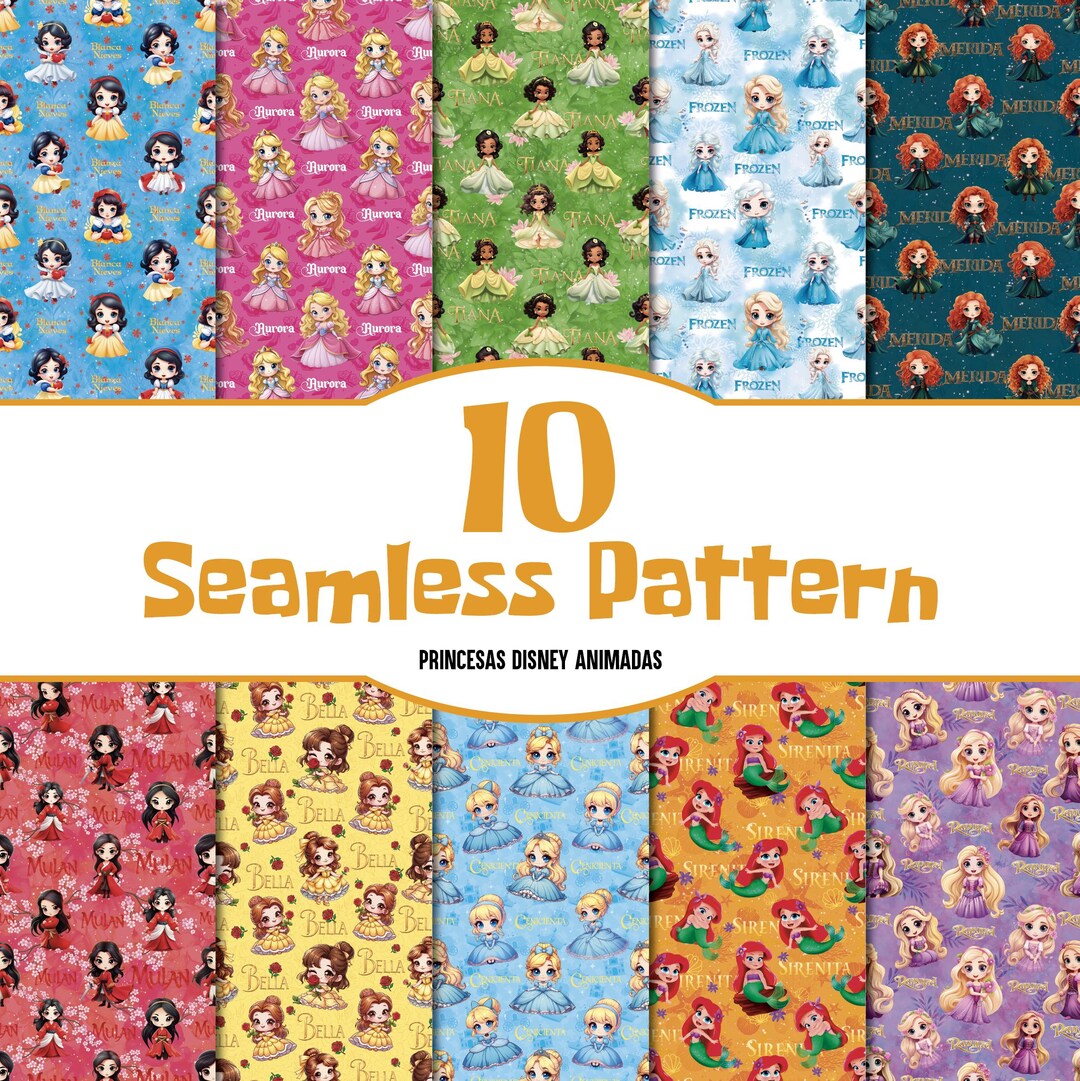 10 Disney Princess Seamless Patterns – Cute Fairytale Digital Paper ...