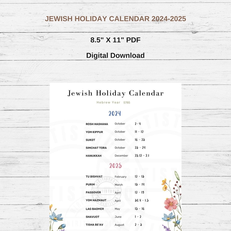 2024-2025 Jewish Holiday Calendar , Hebrew Calendar 5785 , Rosh ...