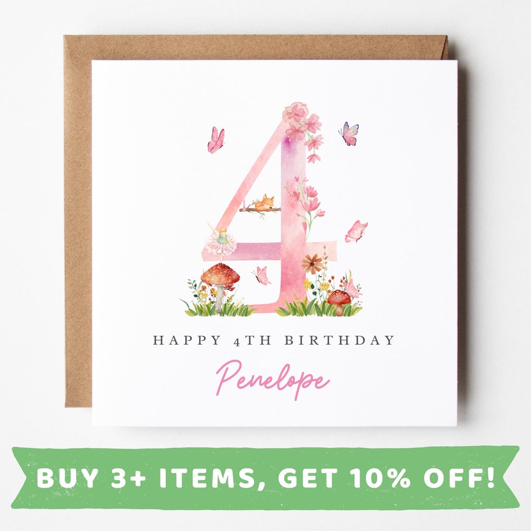 Personalised Birthday Card for Girl Age 4 Fourth Birthday Card 4th ...