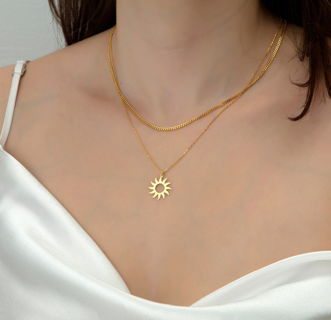 14k Gold Sun Pendant, Sun Jewelry for Women, Dainty Sun Necklace Gold ...