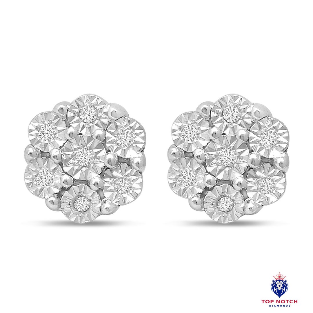 Embossed Round Flower Cluster Stud Diamond Earrings 10KT - Etsy