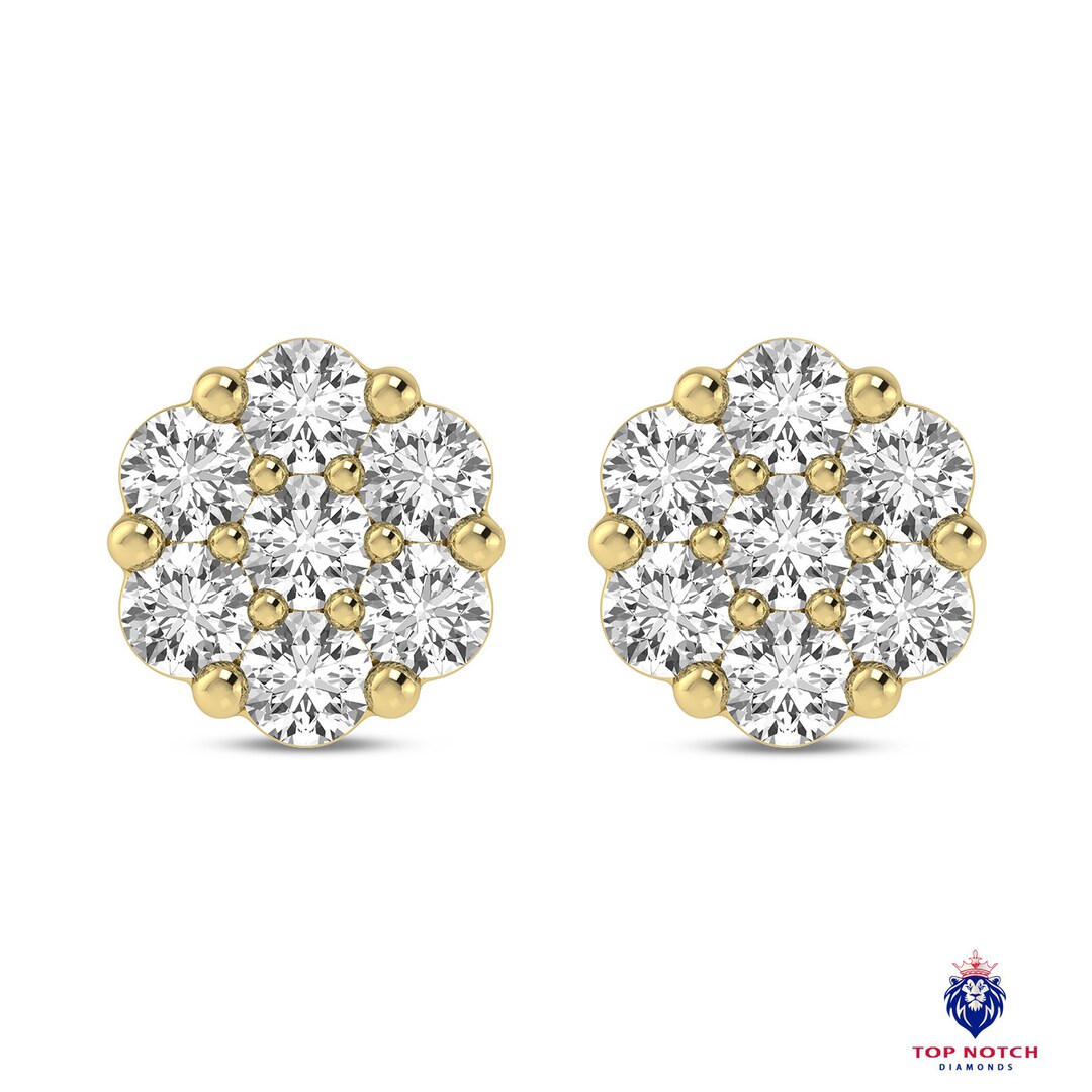 Embossed Round Flower Cluster Stud Diamond Earrings 10KT - Etsy
