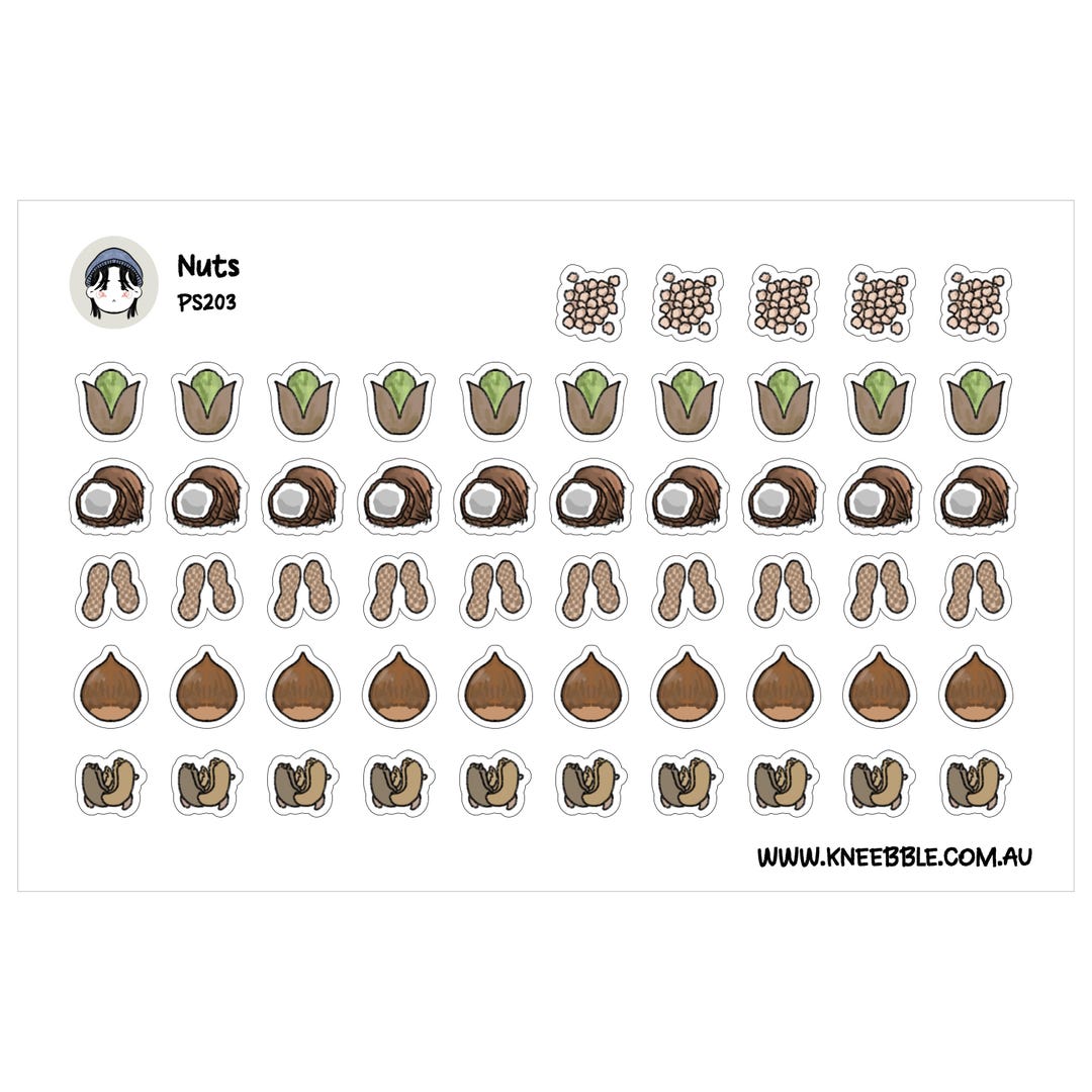 Nut Stickers - Pistachio, Cashew, Macadamia, Peanut, Chestnut, Coconut ...