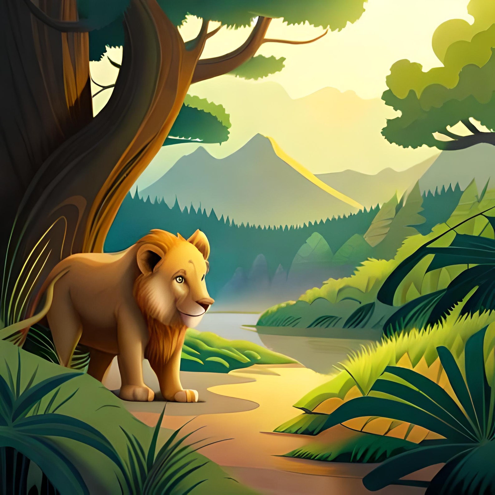 Lion Under a Tree in Jungle Art - Etsy
