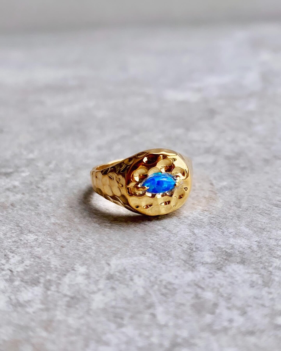 Sterling Silver Signet Pinky Ring, Blue Opal, Hammered Design - Etsy