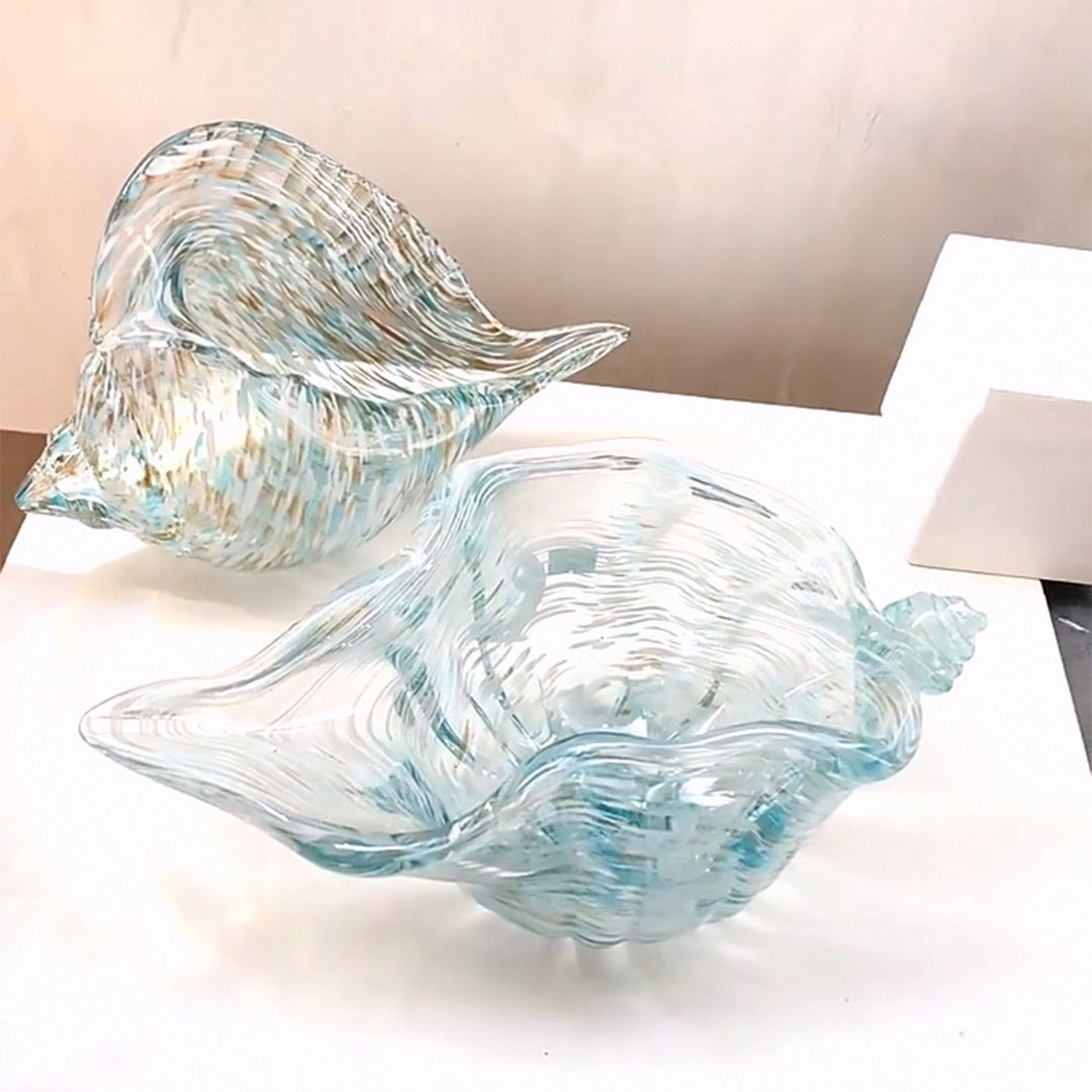 Hand Blown Glass Sea Shells Figurine Light Blue Glass Conch Etsy