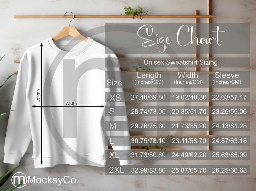 MWW Unisex Sweater AOP Size Chart, All Over Print Mockup, Imperial and ...