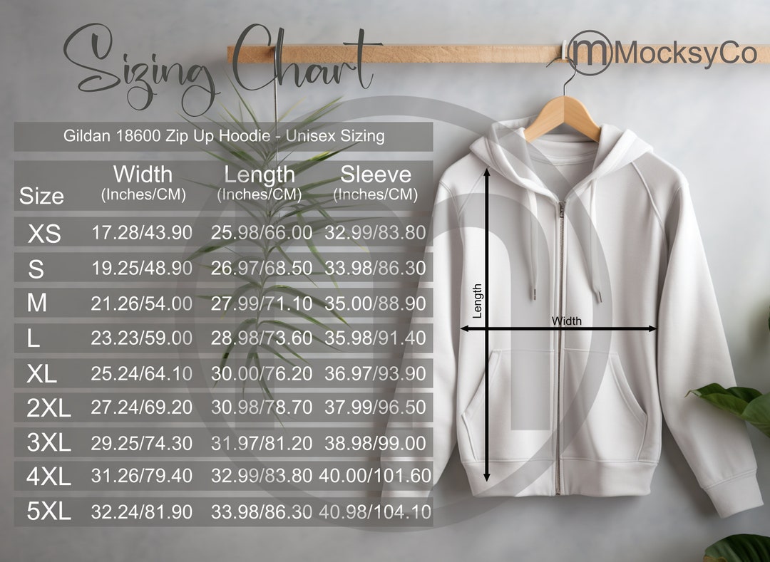 Gildan 18600 Zip up Hoodie Sizing Cart, Unisex Mockup, Imperial and ...