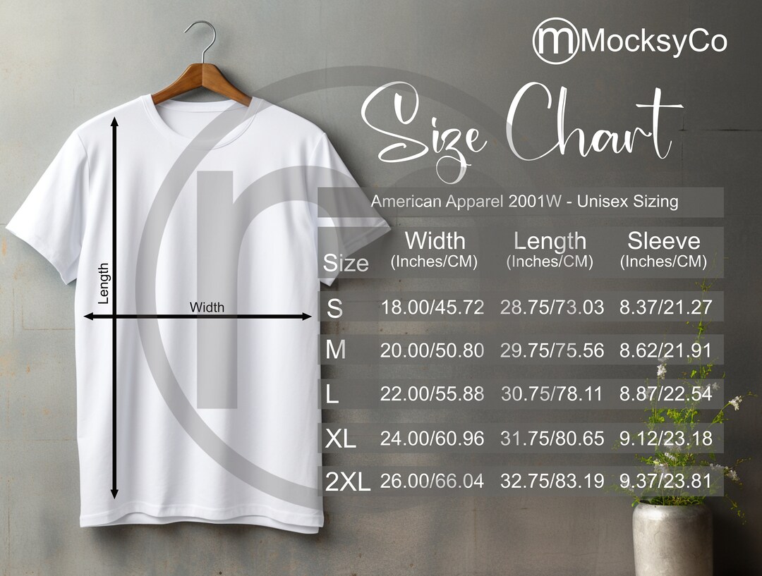 American Apparel 2001W T-shirt Sizing Cart, Unisex Mockup, Imperial and ...
