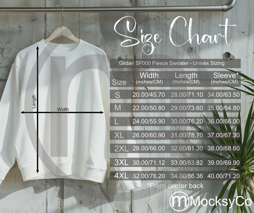 Gildan SF000 Unisex Fleece Sweater Size Chart, Imperial and Metric ...
