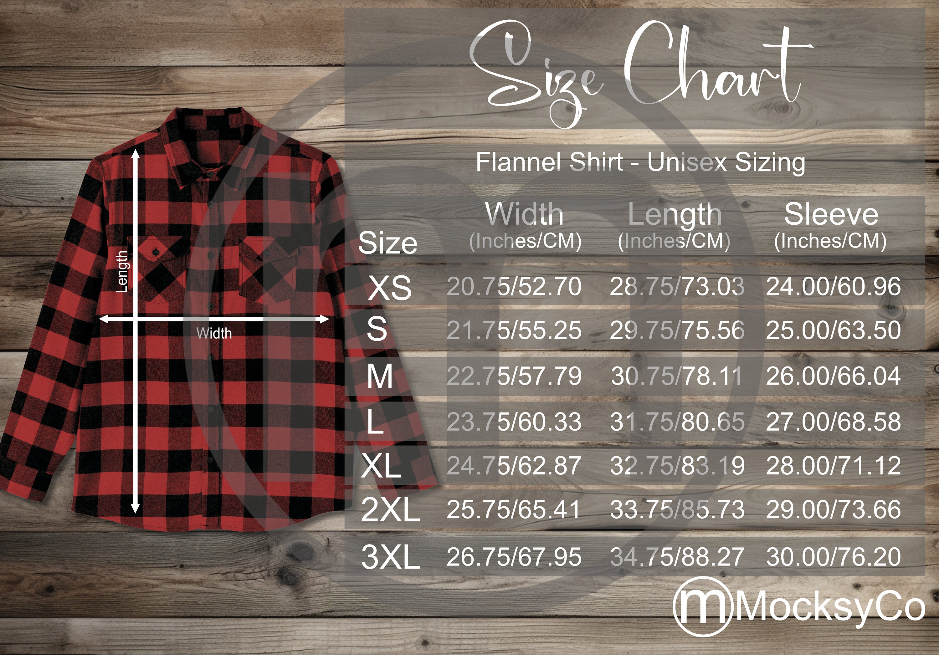Dimona Tee Unisex Flannel Shirt Size Chart Mockup, Imperial Metric ...