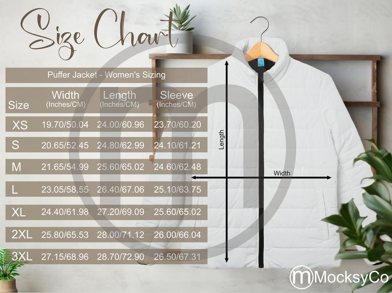 Artsadd Women's Puffer Jacket AOP Size Chart All Over Print Mockup ...