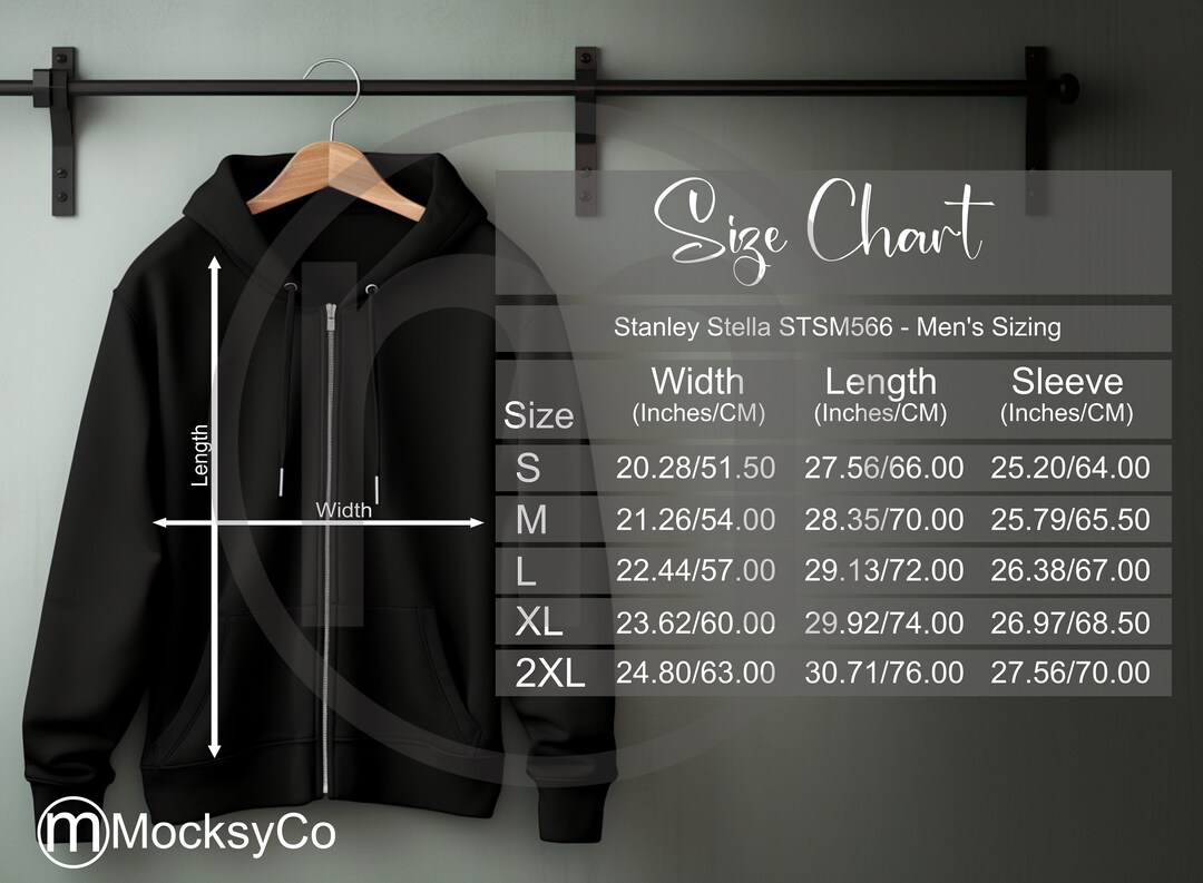 Stanley Stella STSM566 Zip up Hoodie Sizing Chart, Unisex Mockup ...