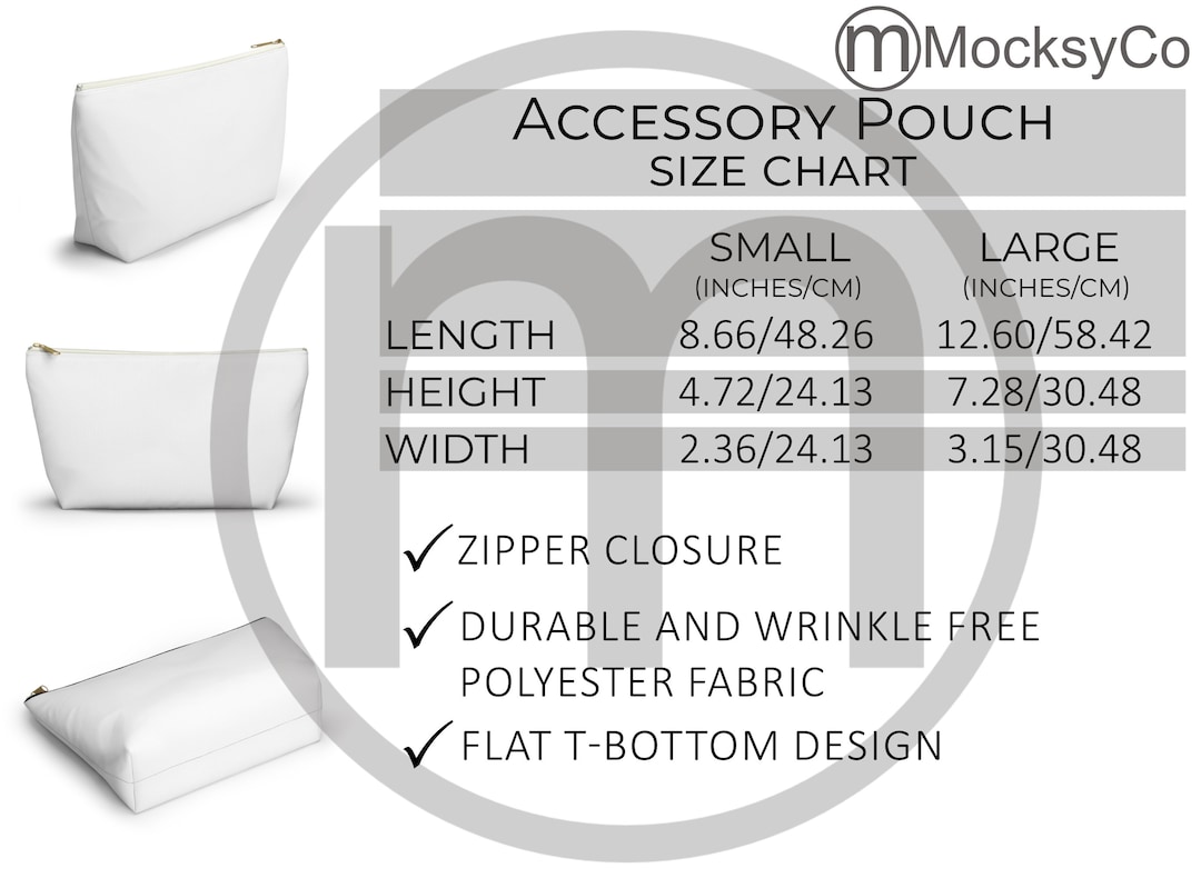 MWW Accessory Pouch AOP Size Chart, All Over Print Mockup, Imperial ...