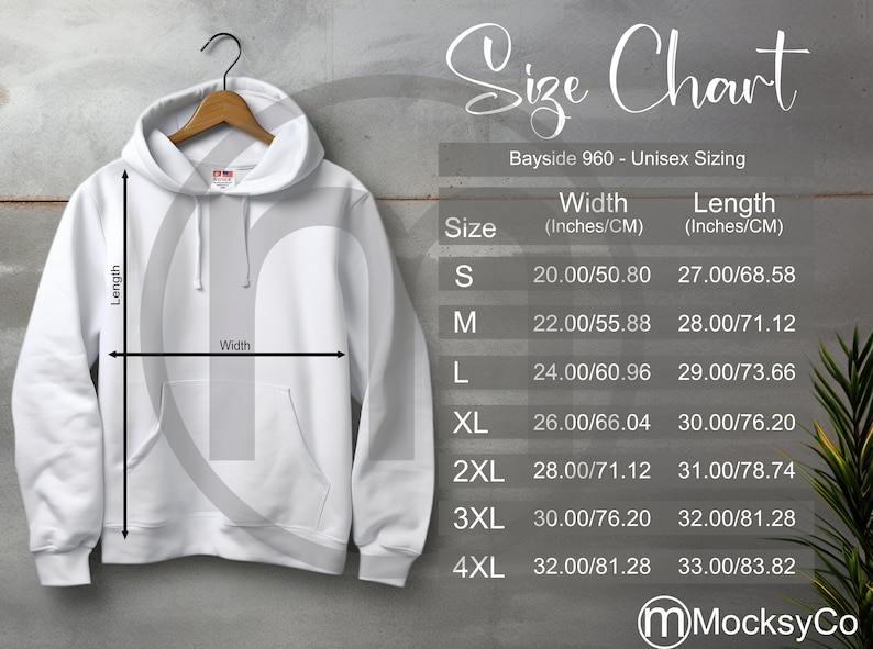 Bayside 960 Hooded Sweatshirt Size Chart, Unisex Mockup, Imperial and ...