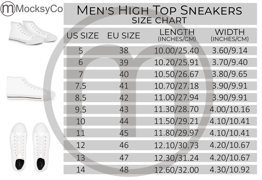 Smart Printee Men's High Top Sneakers AOP Size Chart All Over Print ...