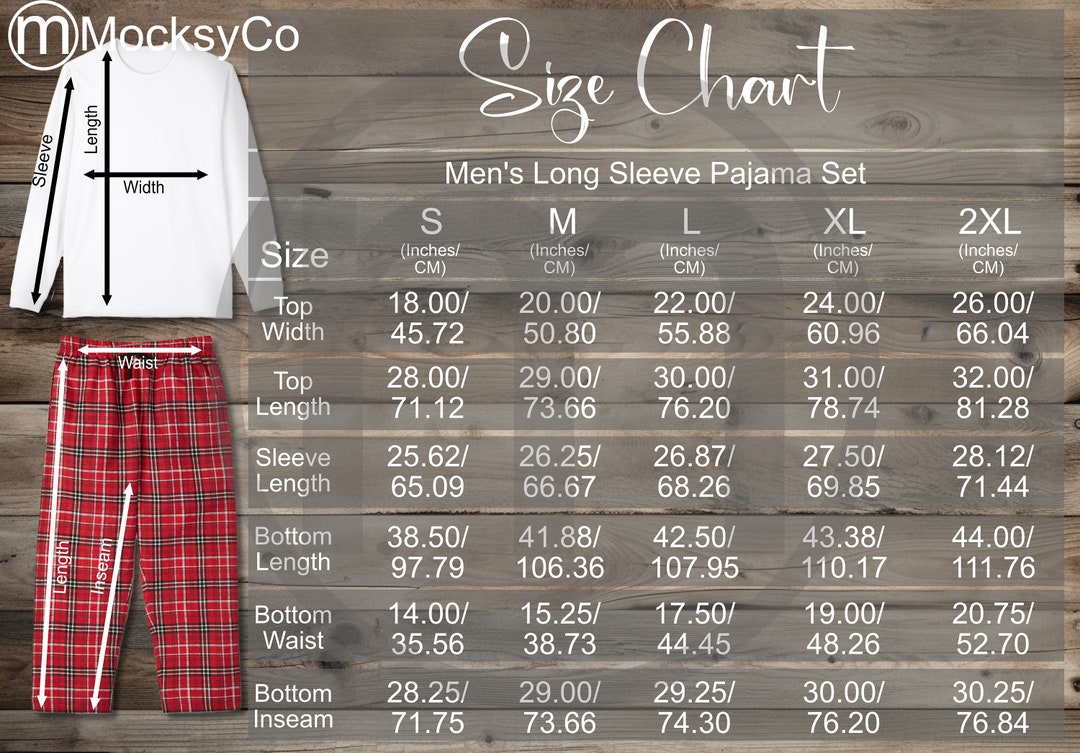Awkward Styles Men's Long Sleeve Pajama Set Size Chart Mockup, Imperial ...