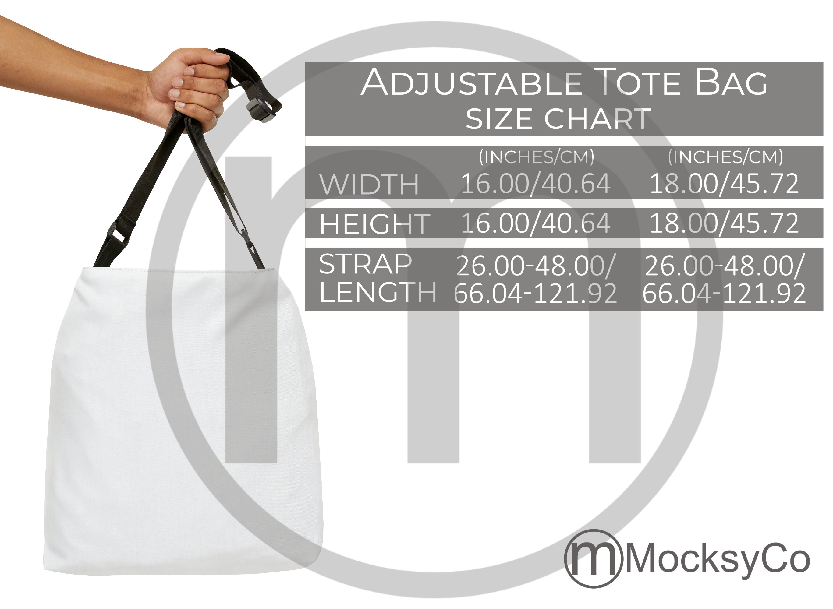 MWW Adjustable Tote Bag Size Chart All Over Print Mockup, Imperial ...