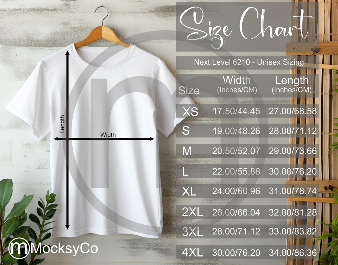 Next Level 6210 T-shirt Sizing Cart, Unisex Mockup, Imperial and Metric Sizes Included, Inches ...