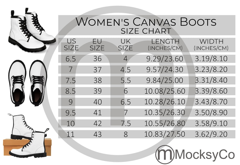 Artsadd Women's Canvas Boots AOP Size Chart All Over Print Mockup ...